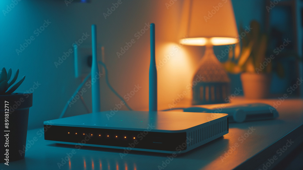 Closeup of an advanced wireless router with sleek design and LED ...