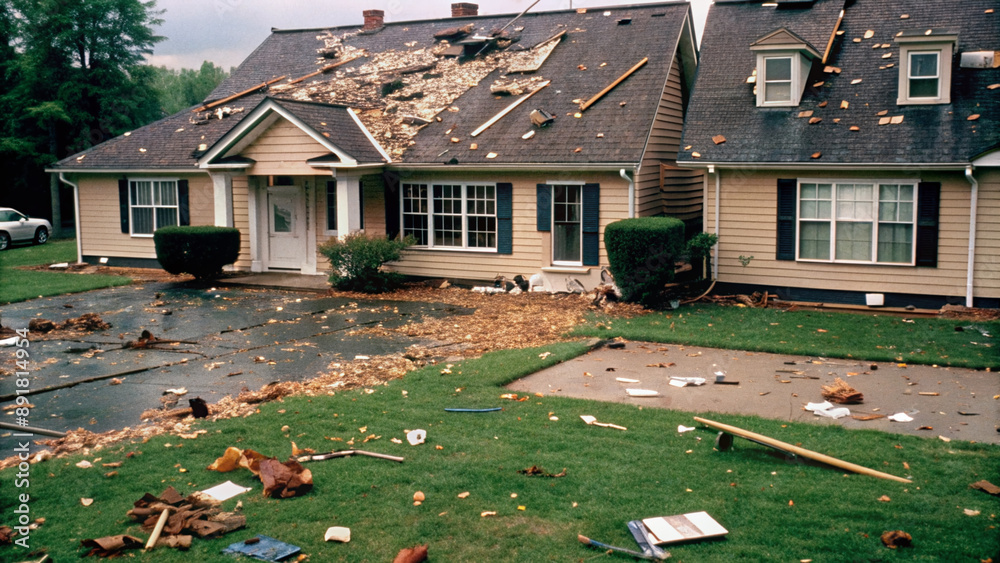 Hail-battered roof shingles and broken windows evidence destruction ...