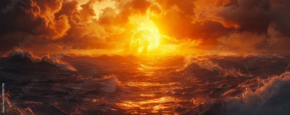 Nuclear Explosion in Ocean at Sunset, Dramatic Fireball and Water Waves ...