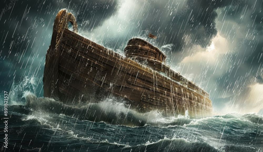 Noah's Ark amidst stormy seas, Noah chosen by God. Biblical theme. Dramatic digital painting ...