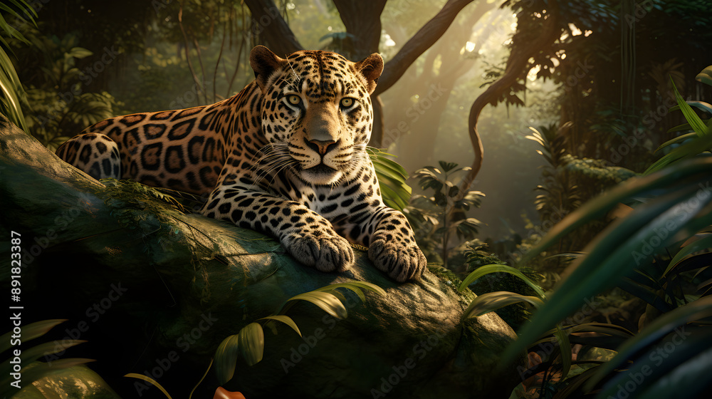 Realistic 3D Rendered Leopard Resting on a Tree Branch in a Vibrant ...