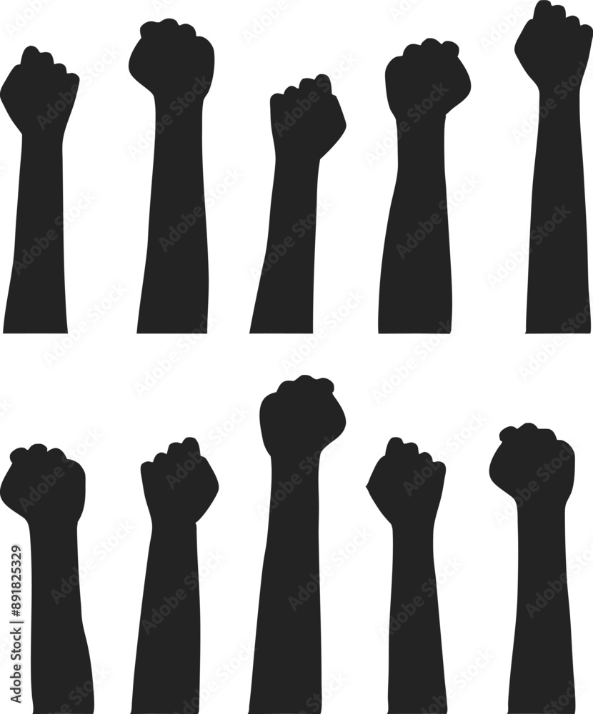 Multiple hands raised with closed fists. Protest hand. clenched fist ...