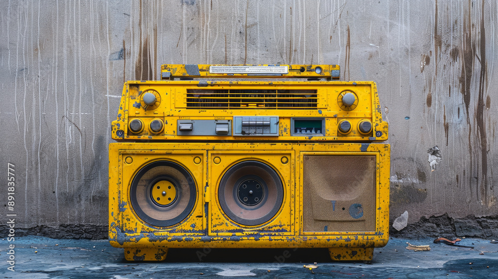 Foto de A classic yellow boombox from the 1980s stands out against a ...