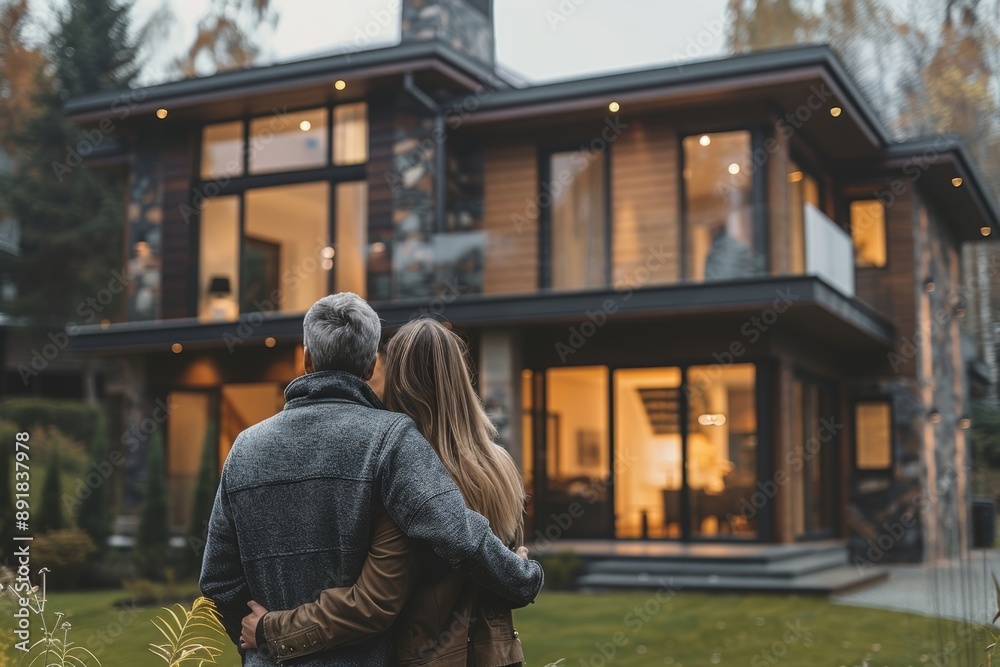 Mature couple embracing in front of their new big modern house, rear ...