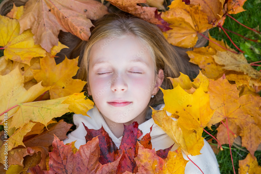 Artistic conceptual autumn portrait. Colorful leaves. Leaves of maple ...