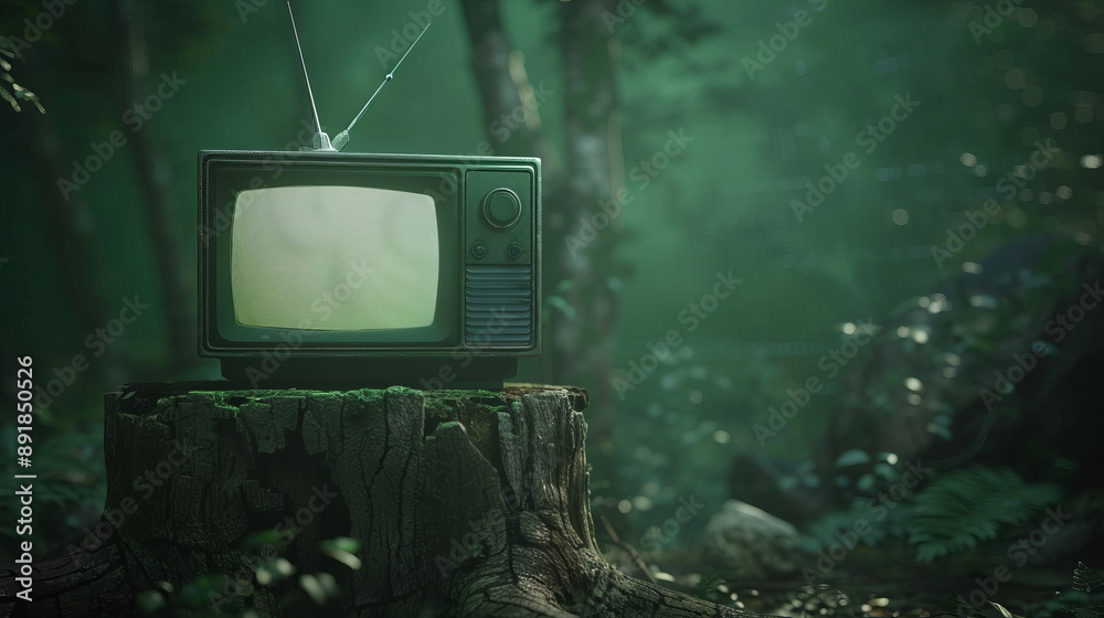 An old-fashioned TV is sitting on a tree stump with a green background ...