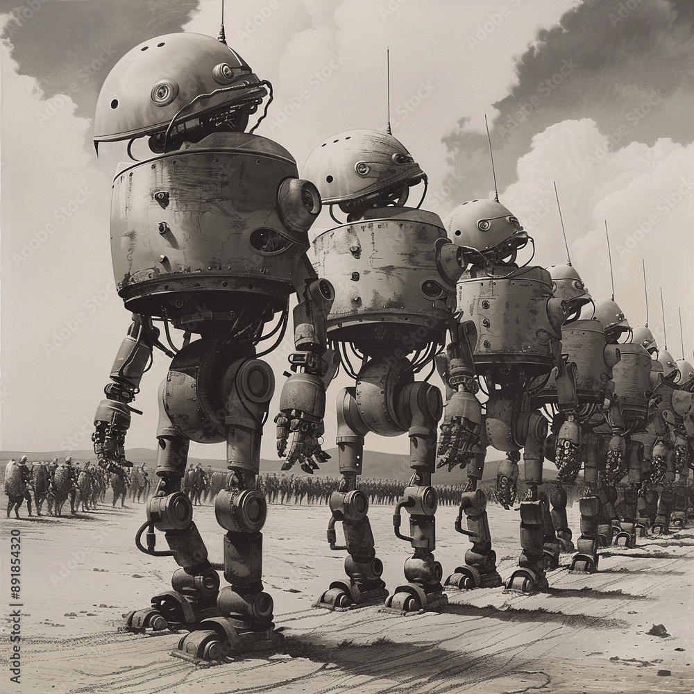 robot army artificial intelligence AI green soldiers powered on ...