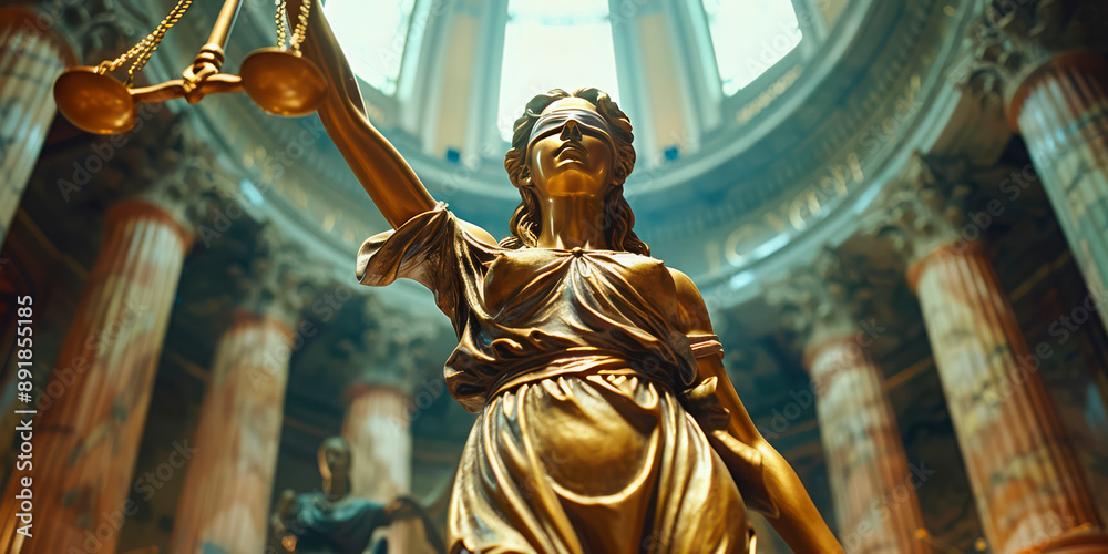Close-up of the Statue of Lady Justice in a grand hall with classical ...