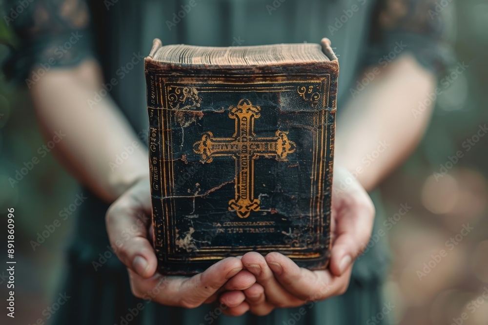 Christian hand presenting a holy Bible and church evangelism concept ...