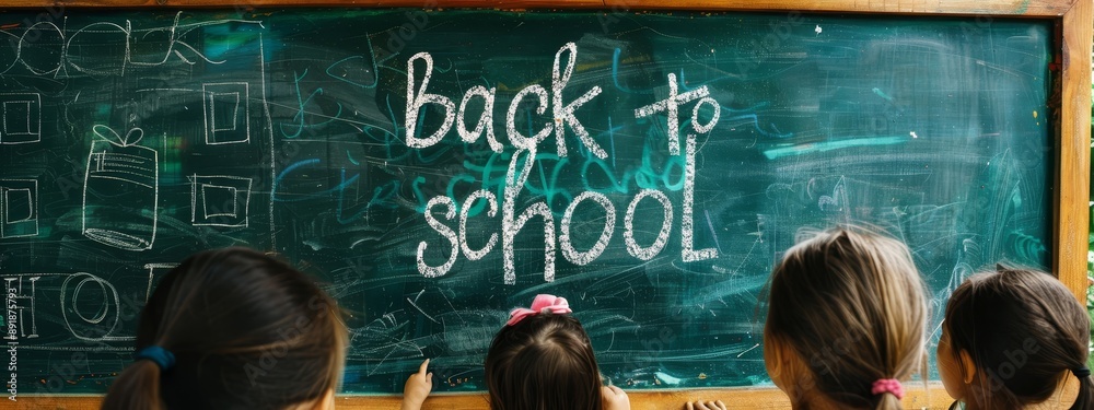 back to school written on blackboard with white chulk. decorated ...