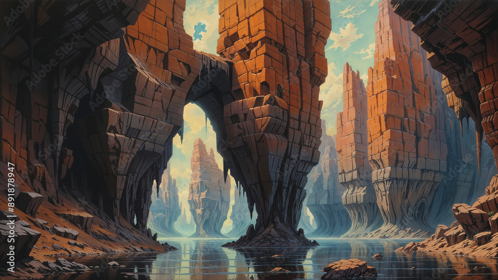 Fantasy landscape of towering sandstone rock formation islands, high ...