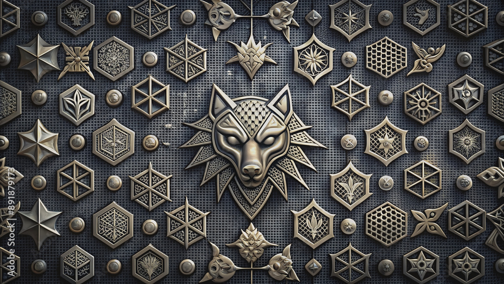 Medieval-inspired silver wolf emblem repeats in a systematic grid ...