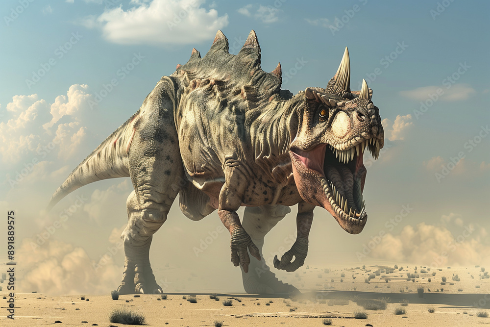 Carnotaurus prehistoric predator stalking through a barren desert in a threatening manner Stock ...