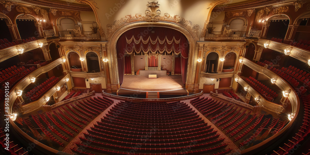 Empty theater waiting for audience with rows of red seats and stage ...