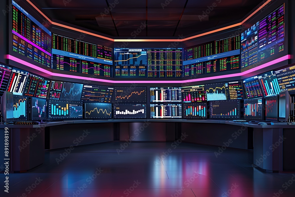 Expansive stock trading setup with wraparound displays and data ...