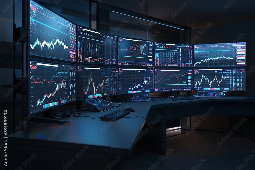 Expansive stock trading setup with wraparound displays and data ...
