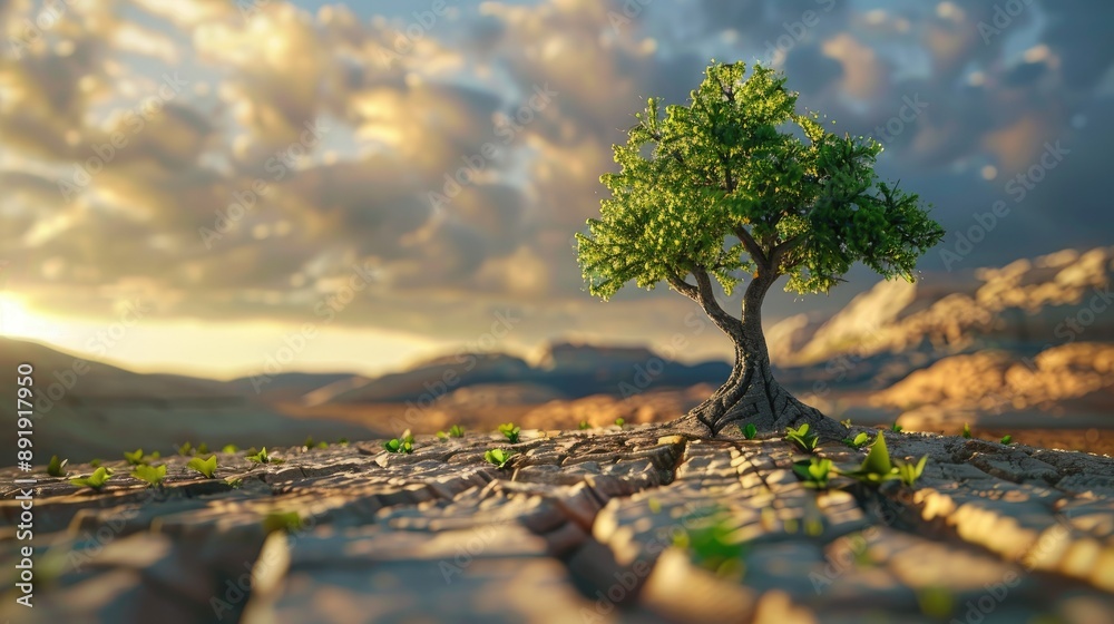 3D background showing a tree and restored landscape, focusing on ...