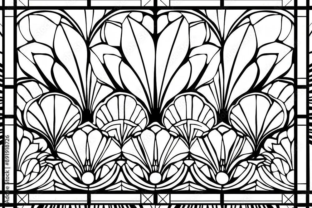 Black outline drawing as pattern for a retro art deco stained glass ...