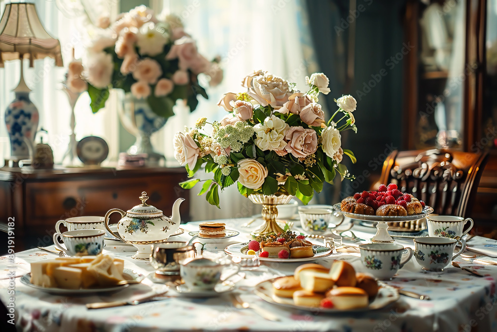 Edwardian style high tea party with fine china, beautiful linen and ...