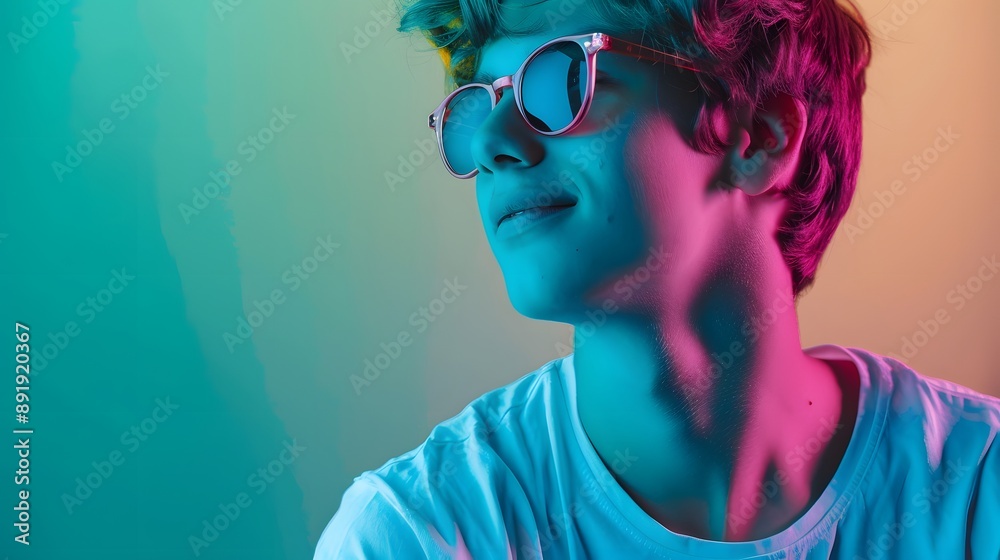 4k photo of young man in studio, young male model boy in studio neon ...