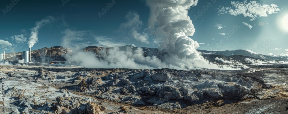 Panoramic view of a geothermal power plant emitting steam from ground ...