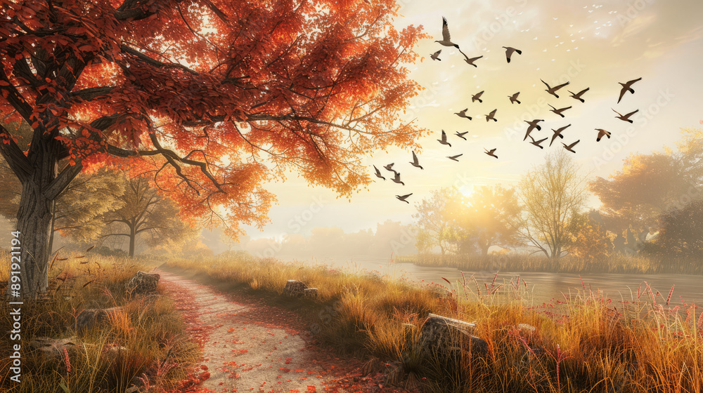 Migrating birds fly over an idyllic autumn sunrise landscape mist ...