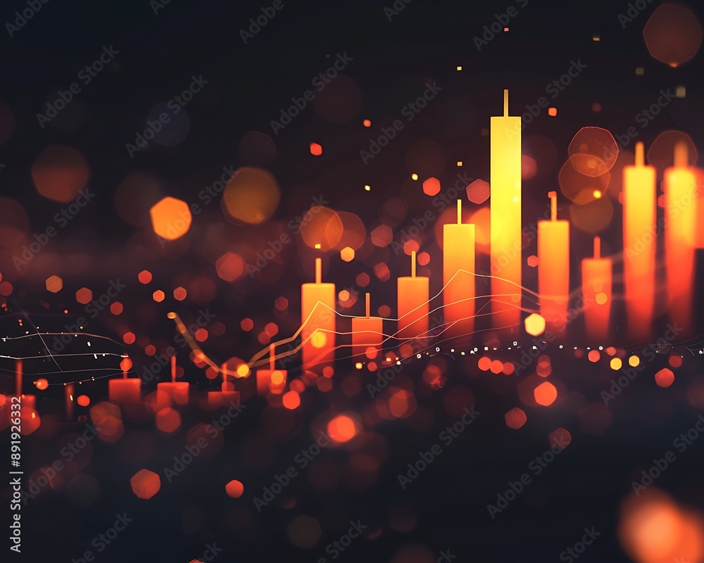 Candlestick chart in orange and yellow colors, dark background, glowing ...
