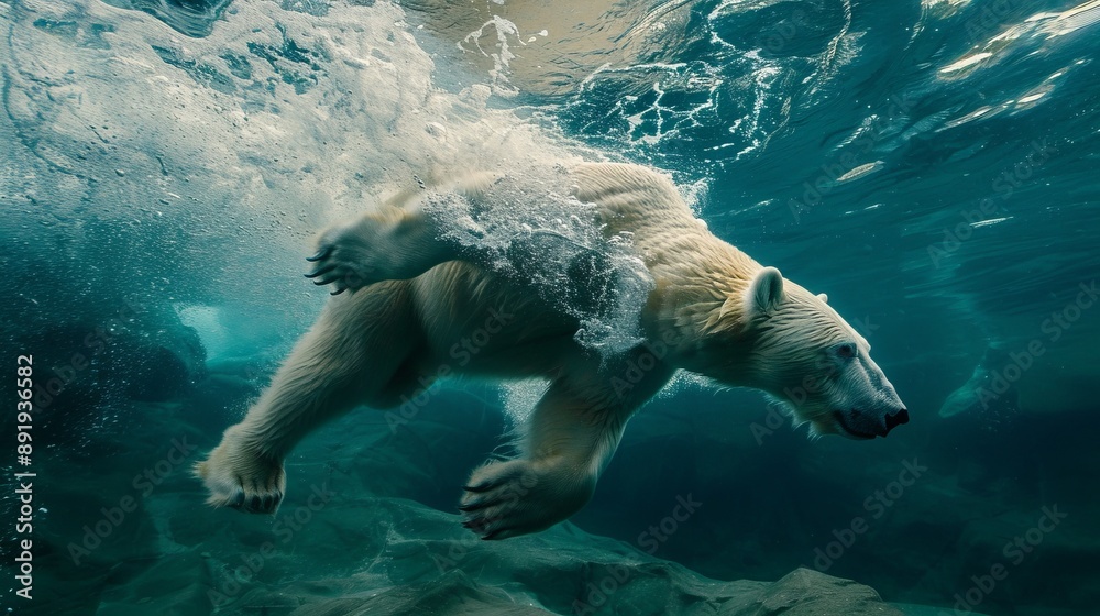 An energetic image capturing a polar bear in full motion underwater ...