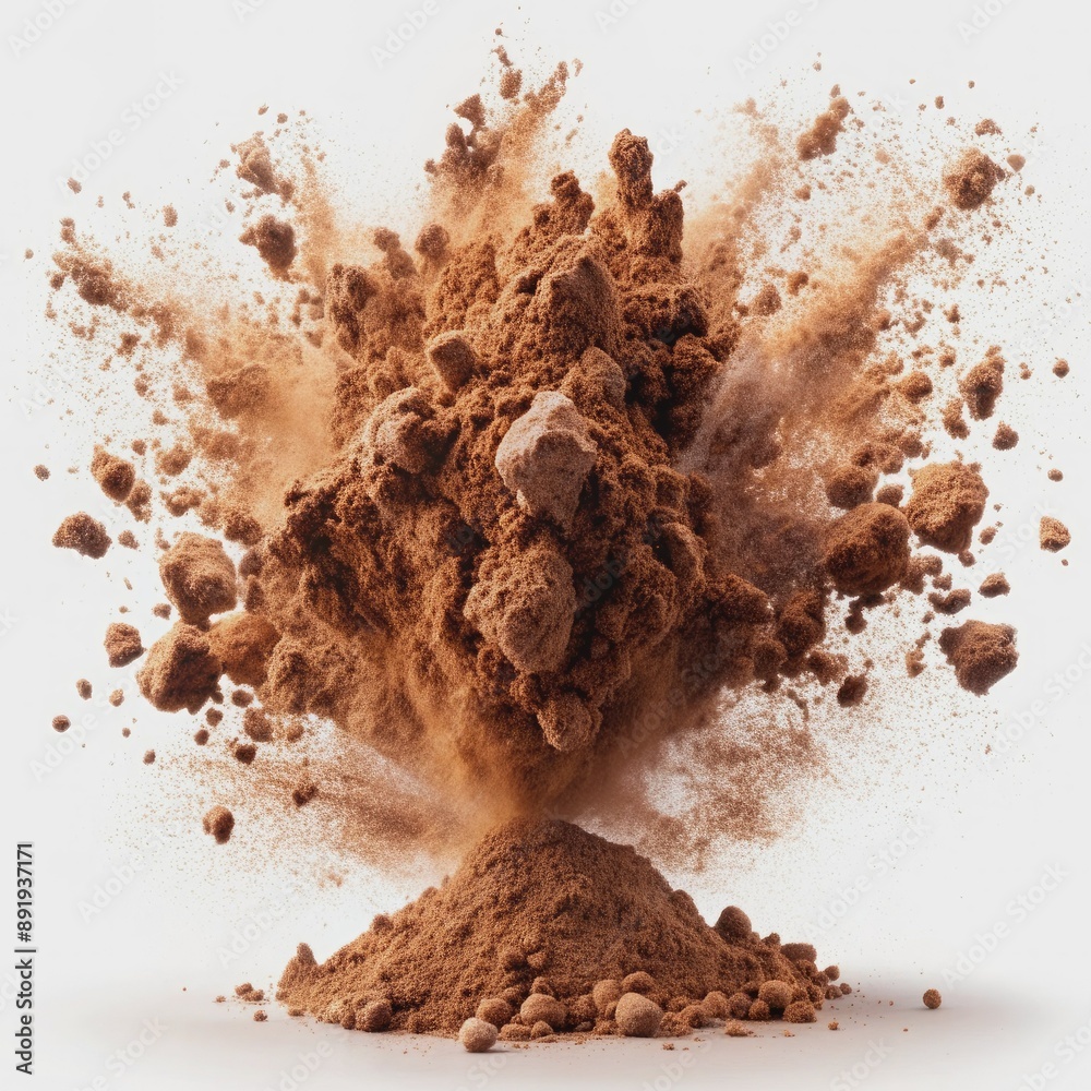 Explosion of rich cocoa powder and dry milk in mid-air, creating a ...