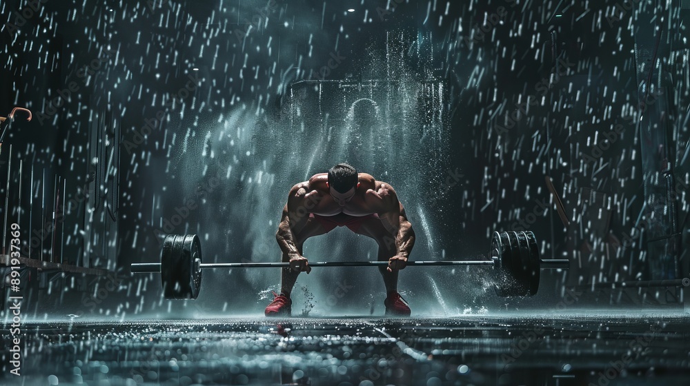 A muscle-bound athlete lifts heavy weights in a dramatic rain-soaked ...