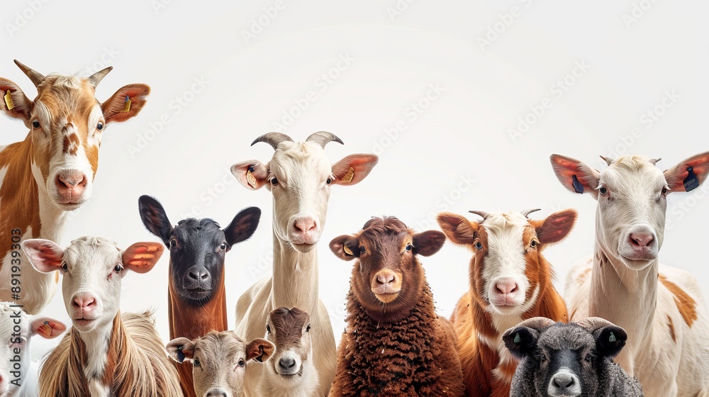 An image of seven farm animals, including goats and sheep, lined up ...