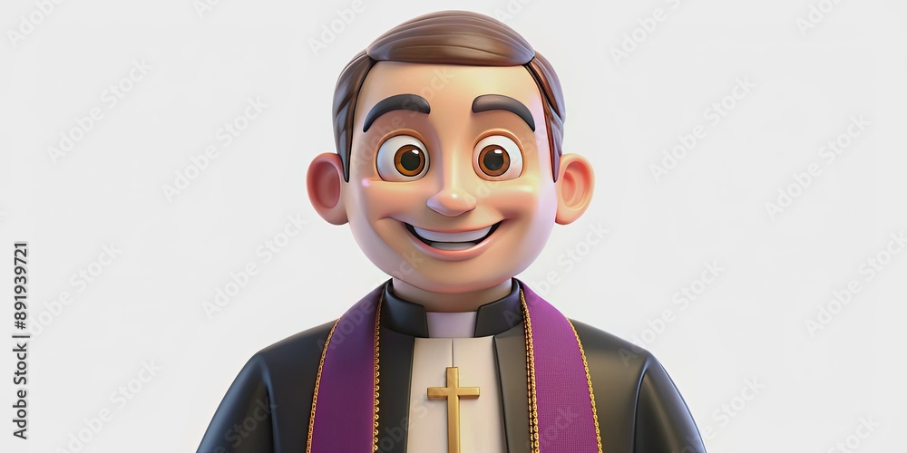 A colorful 3D cartoon illustration of a friendly full-body priest ...
