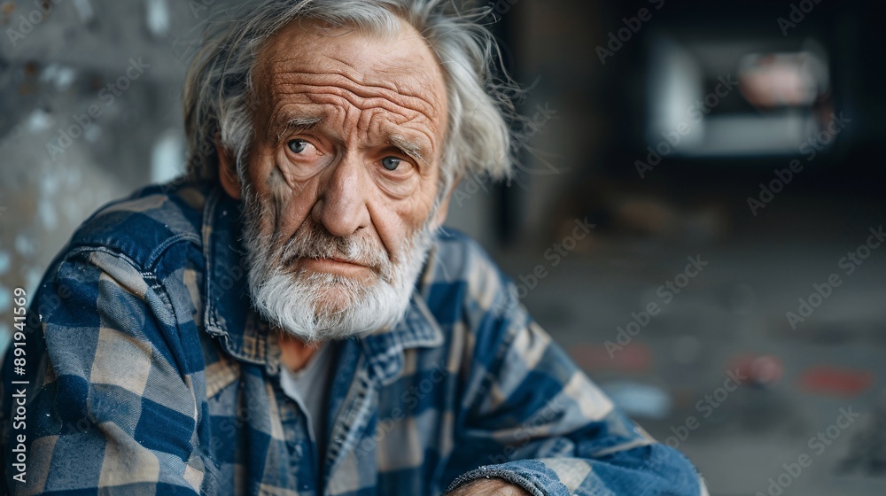 Homeless elderly American individual with no clothes huddled in an ...