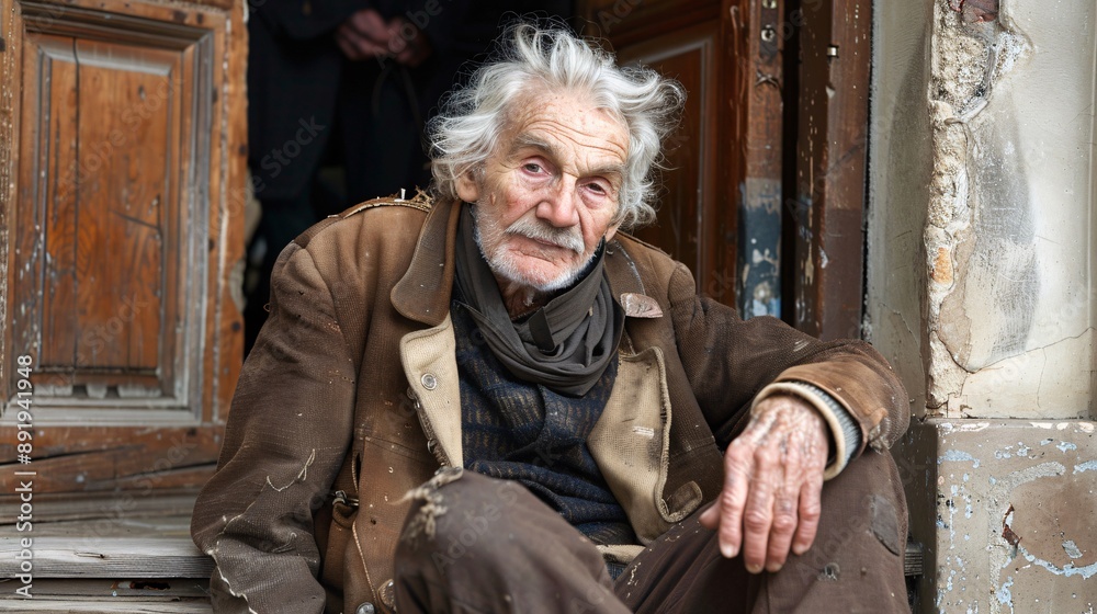 Elderly European person with tattered clothes sitting on the steps of a ...