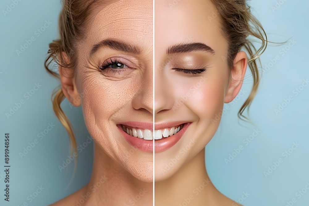 A split-screen portrait shows the contrast between aged and young skin ...