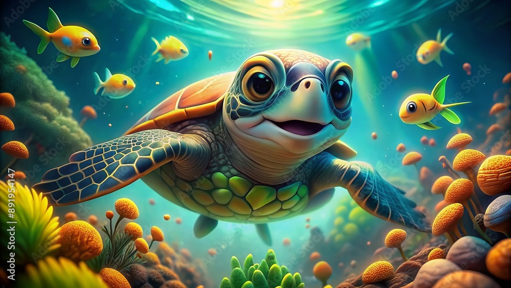 Vibrant colorful illustration of a smiling cartoon turtle with bright ...