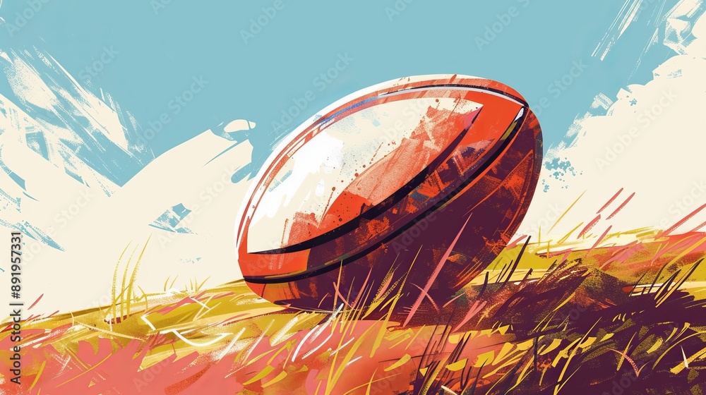 A captivating digital painting showing a rugby ball on a vibrant ...