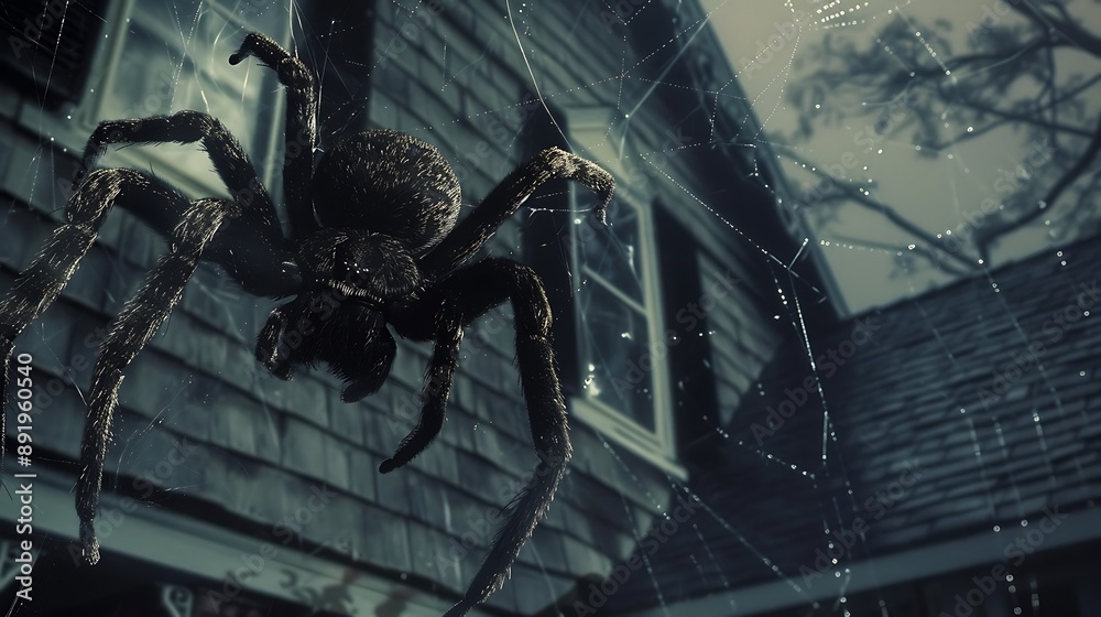 Giant Terrifying Spider Crawling Slowly on a Massive Web Surrounded by ...