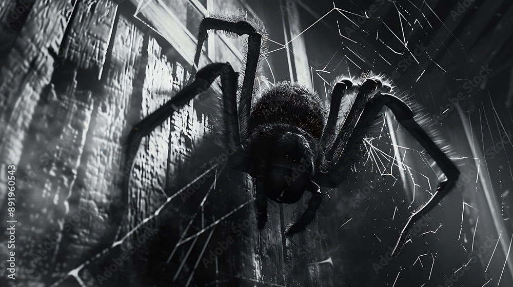 Scary Giant Spider with Long Hairy Legs Moving Slowly on a Large Web at ...