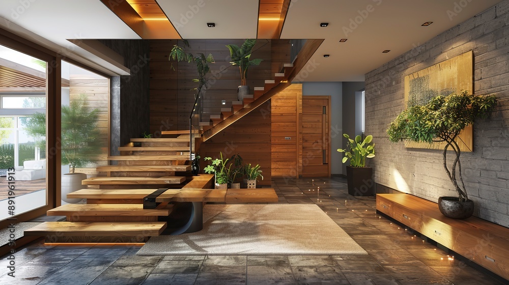 Loft interior design of modern entrance hall with stairs and bencLoft ...
