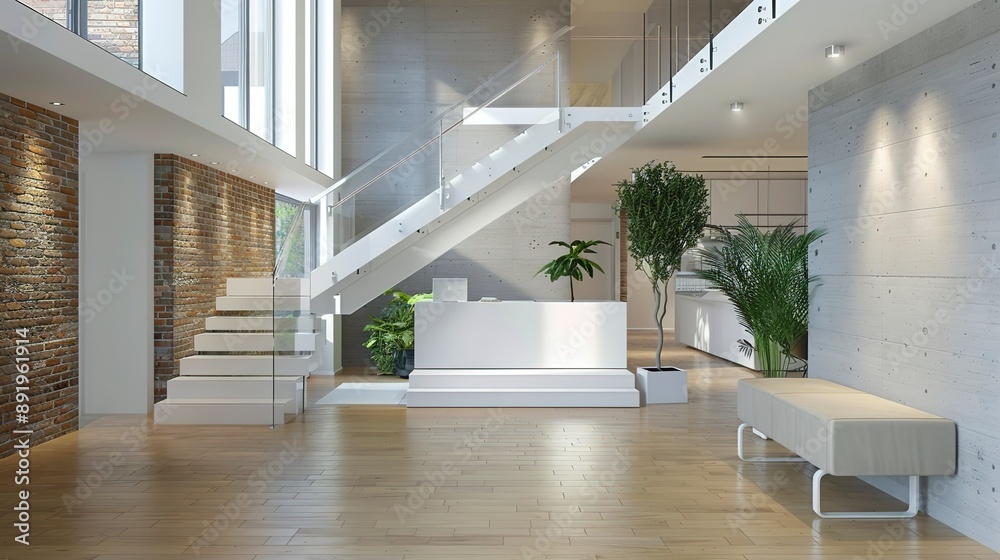 Loft interior design of modern entrance hall with stairs and bencLoft ...