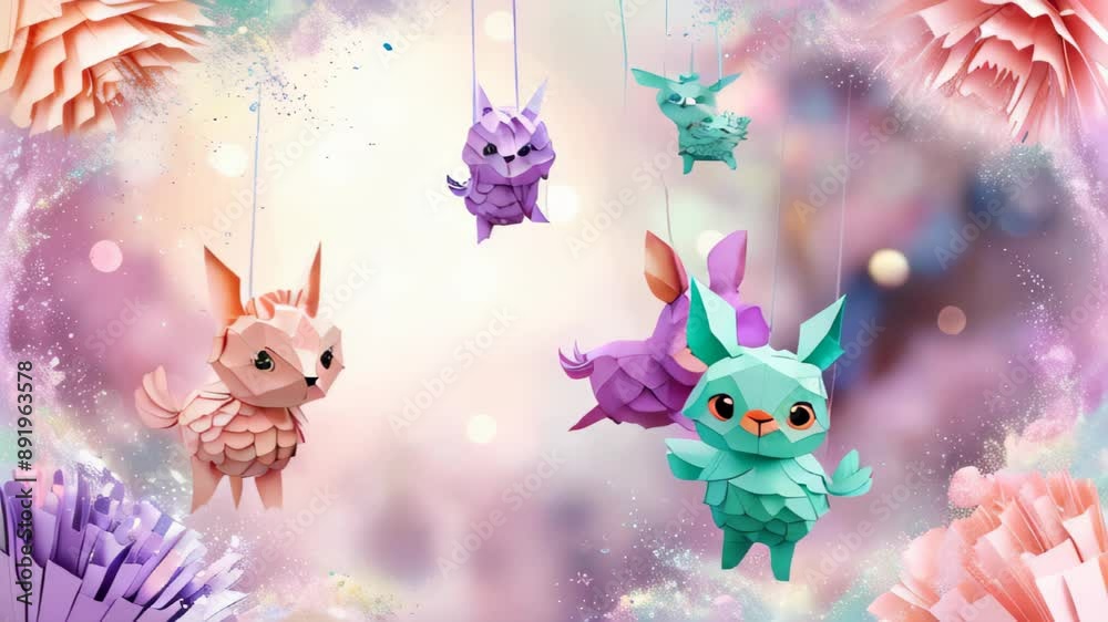 Paper art origami fairy tale animals in soft pastel colors hanging ...