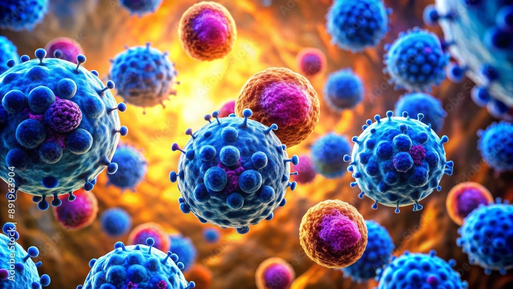 Vibrant blue and pink cells with irregular shapes and dark nuclei ...