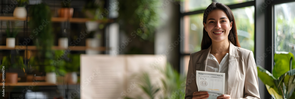 Business Professional Holding Large Paycheck, Signifying Reward and ...