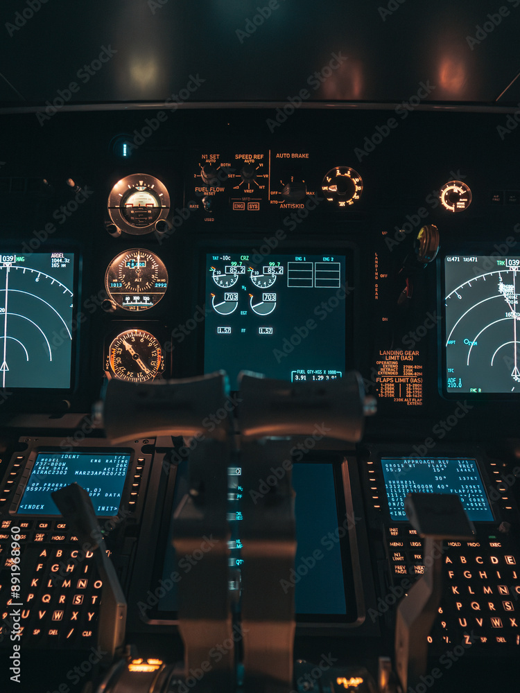 Cockpit view of an airplane during a night-time flight with illuminated ...