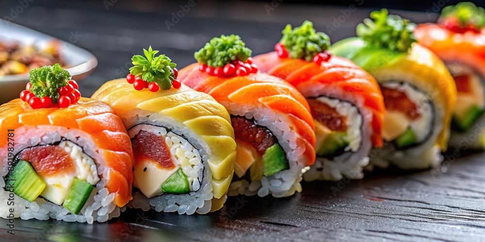 Rainbow sushi roll with salmon, eel, tuna, avocado, royal prawn, cream ...