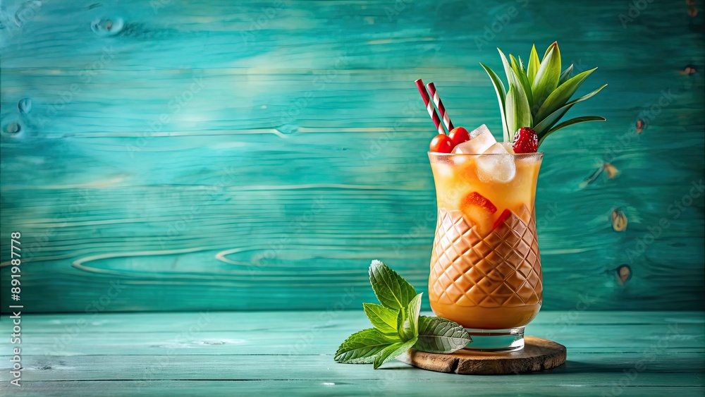 Tropical mai tai cocktail in tiki glass on turquoise background ...