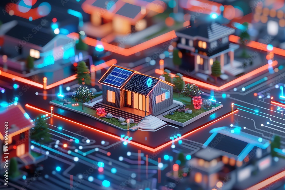 Smart home technology concept with miniature houses connected by ...