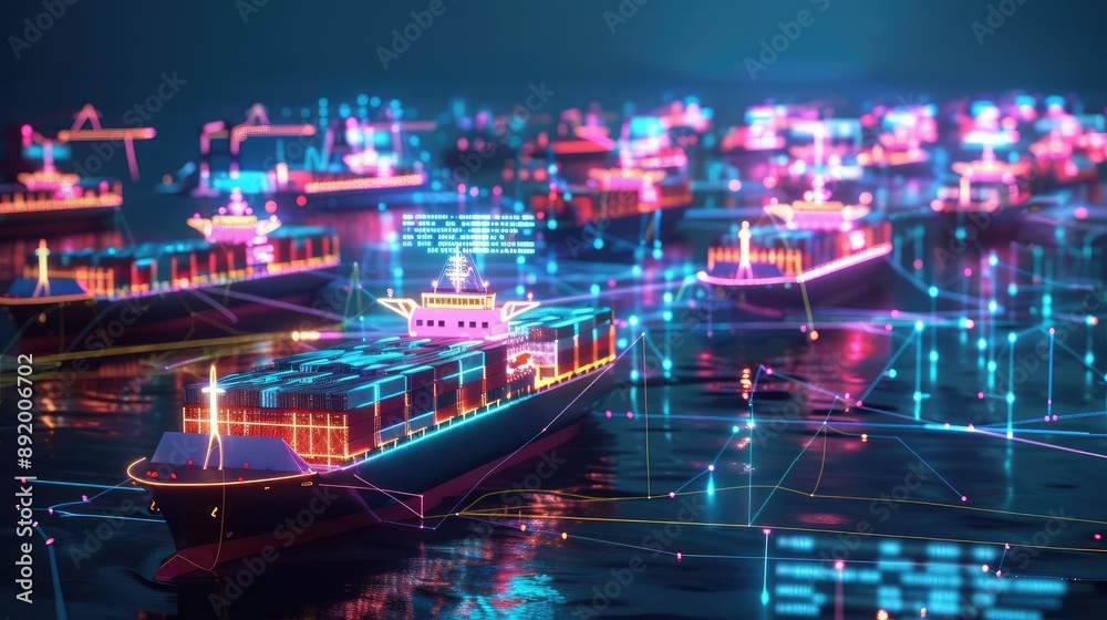 Futuristic network of container ships with digital data overlays, AI ...