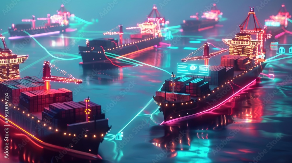 Futuristic network of container ships with digital data overlays, AI ...